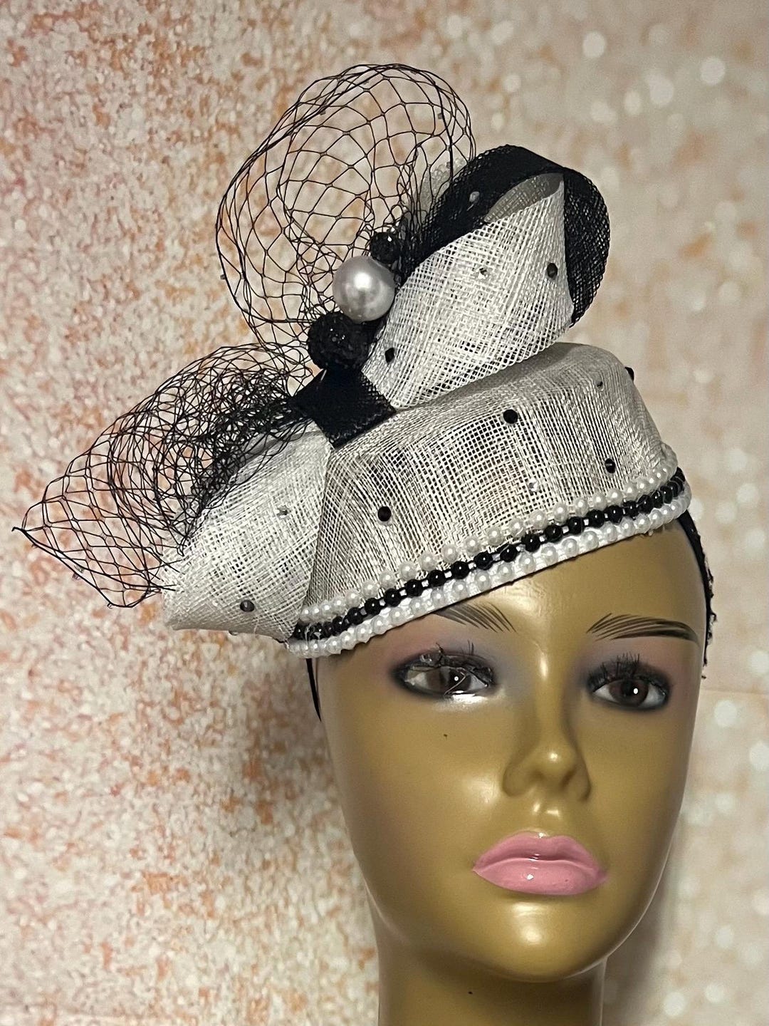 Black and White Beaded Small Top Hat Half Hat Fascinator for Weddings ...