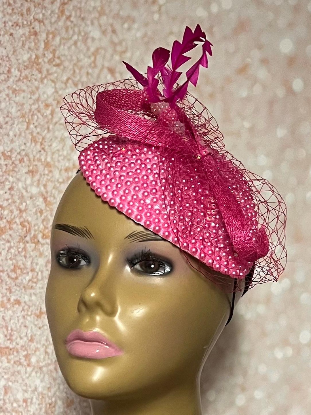 Fuchsia Small Pink Sequin Beaded Fascinator Half Hat for Church Head ...