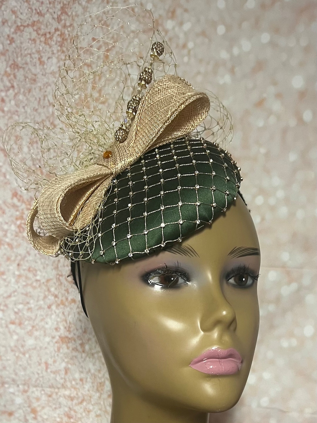 Green and Gold Satin Button Pillbox Fascinator Half Hat, Church Head ...