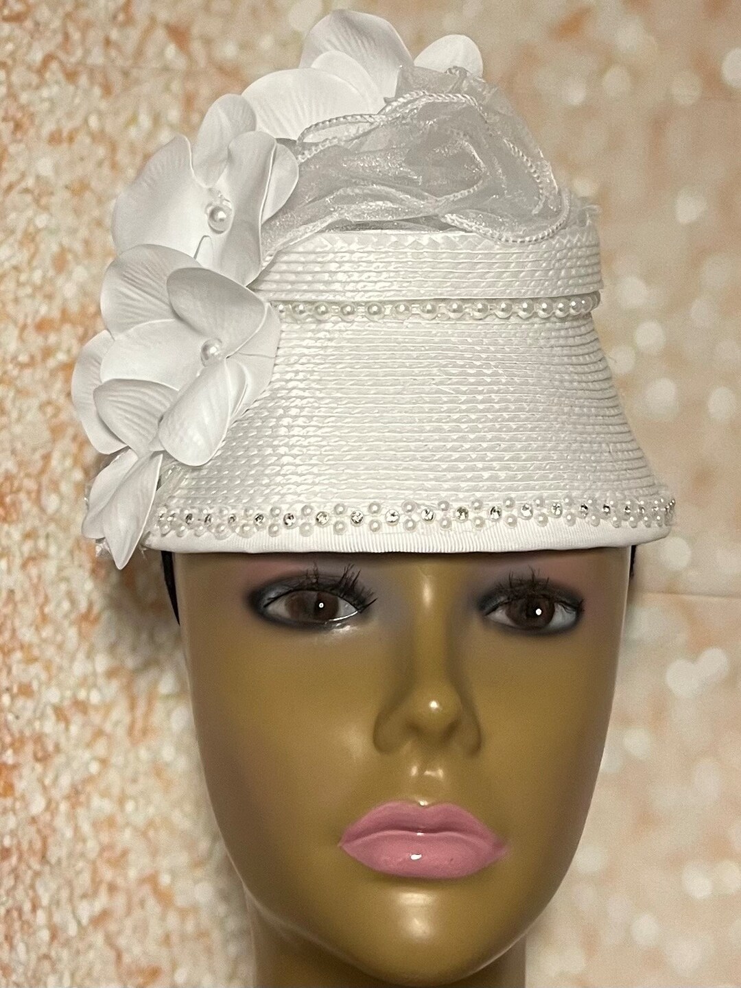 White Flower Full Hat Fascinator for Weddings, Church Head Covering ...