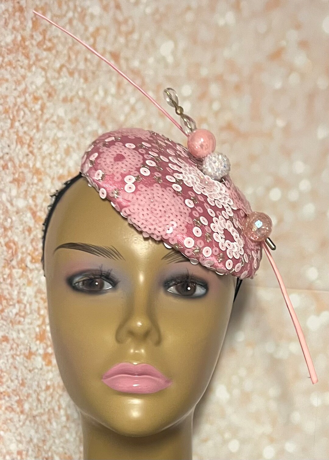 Pink Sequin Fascinator, Light Pink Small Half Hat for Church Head ...