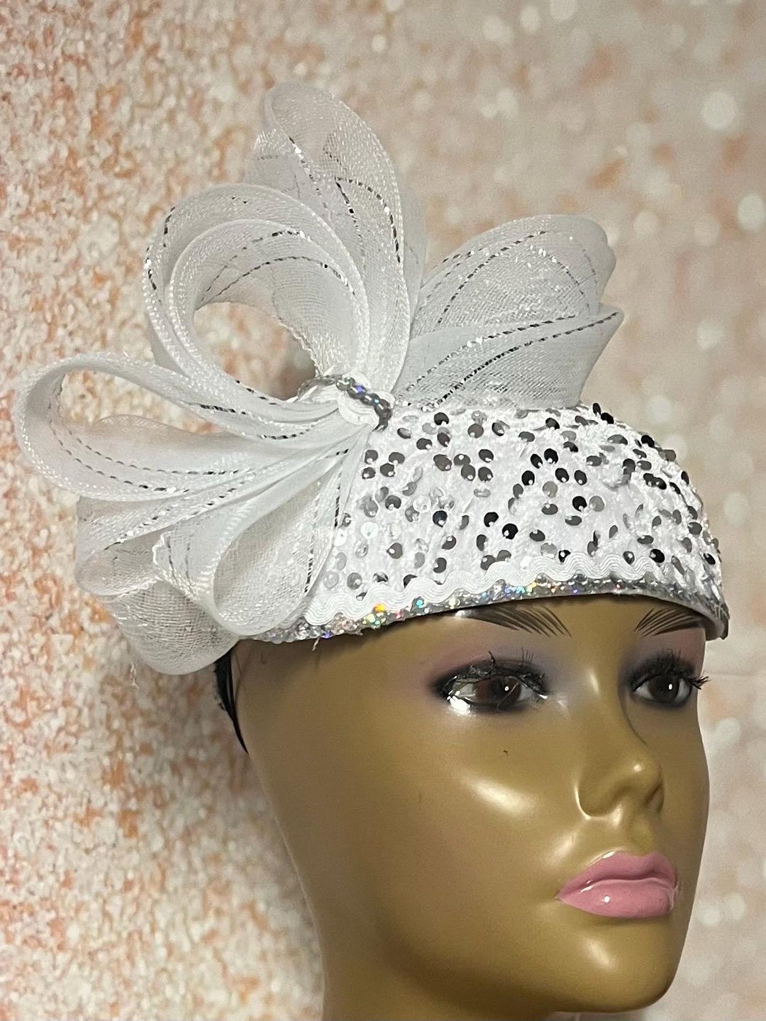 White Velvet Sequin Fascinator Pillbox Fascinator Hat for Church ...