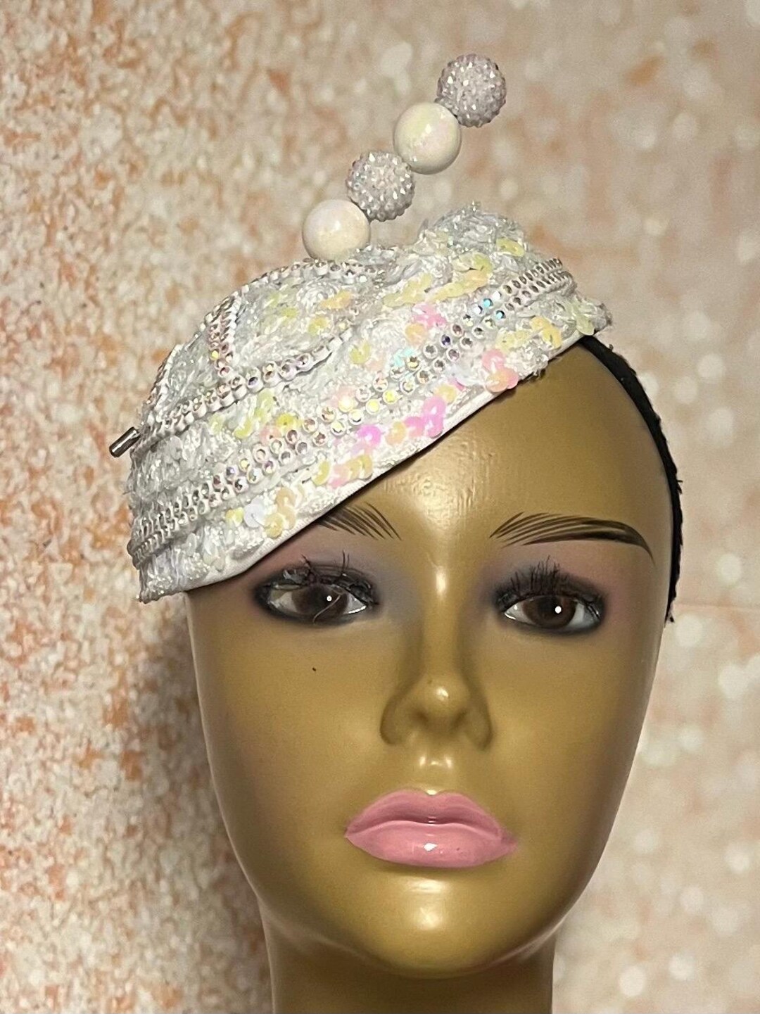 White Iridescent Rhinestone Sequin Fascinator Half Hat for Church ...
