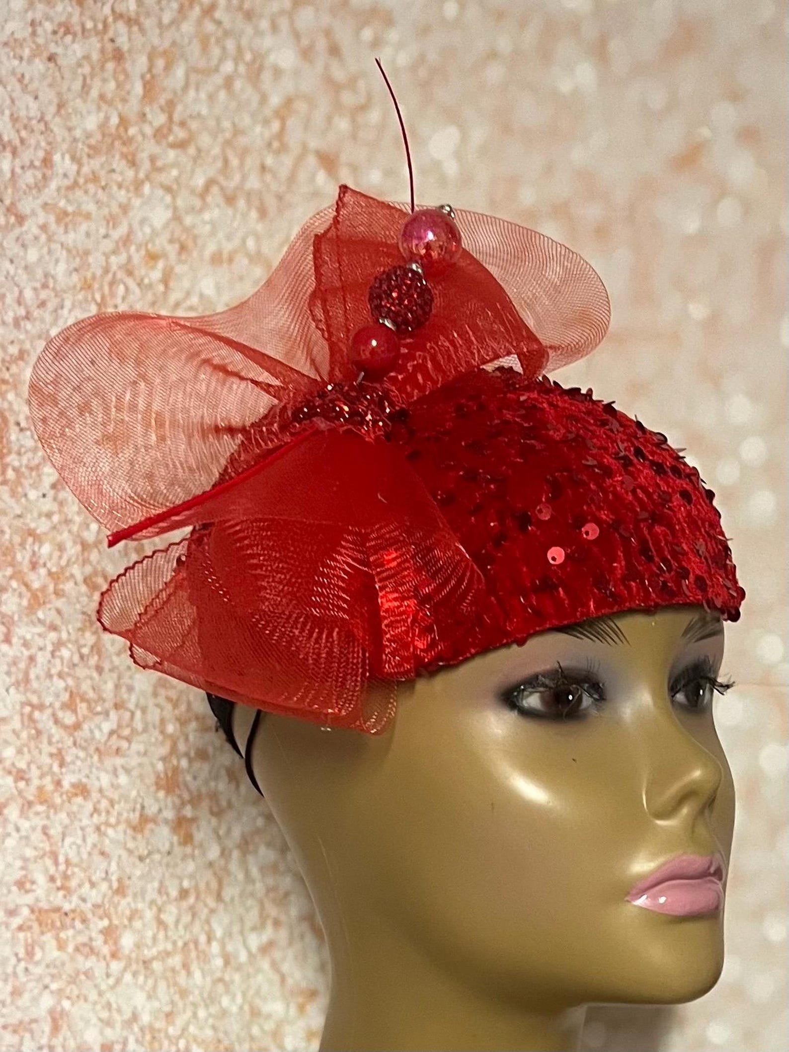 Red Sequin Fascinator Half Hat for Church, Tea Party, Weddings and ...