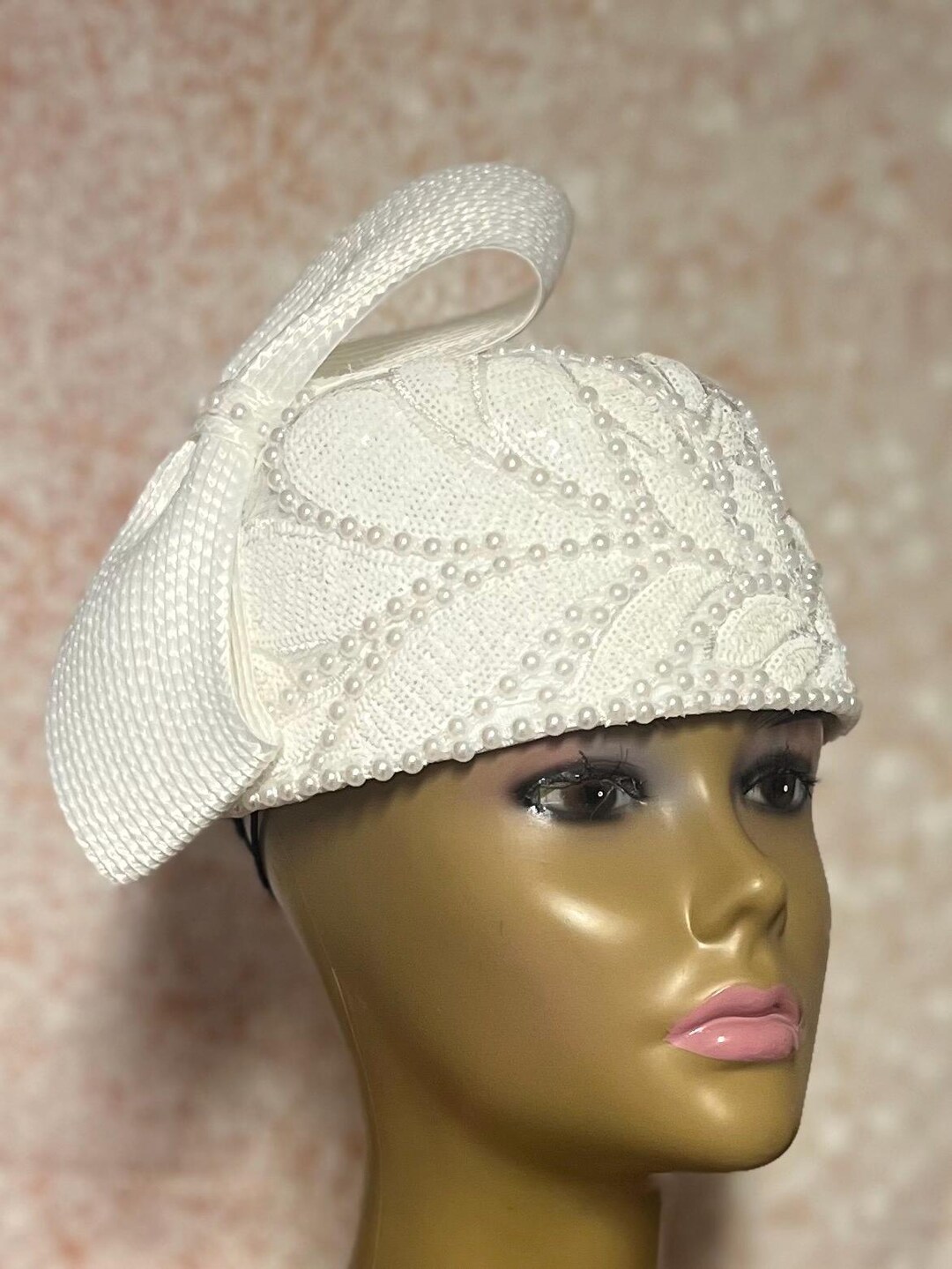 White Sequin Lace and Pearl Full Hat Fascinator for Weddings, Church, Tea Parties and Special ...