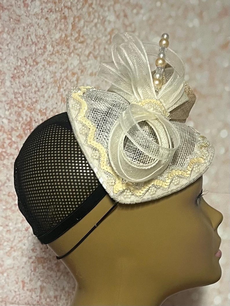 Cream/off White Sequin Fascinator Half Hat, Church Head Covering, Tea ...