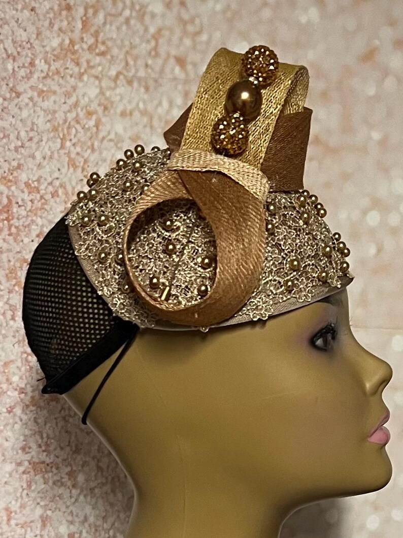 Gold Beaded Teardrop Fascinator Half Hat With Bow for Church, Tea ...