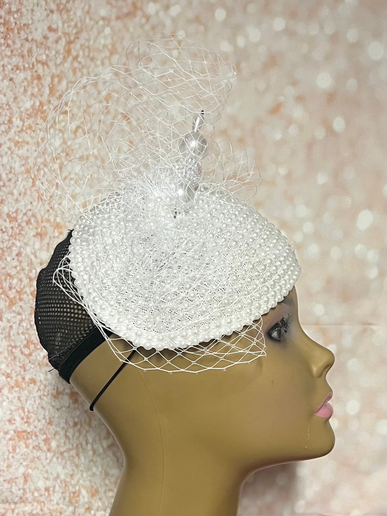 White Beaded Half Hat Fascinator for Weddings, Church and Special ...