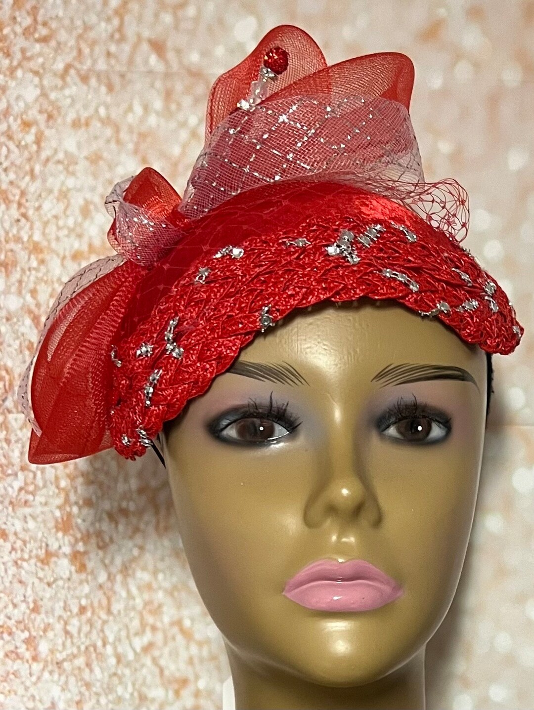 Red and Silver Fascinator Half Hat for Church, Tea Party, Weddings and ...