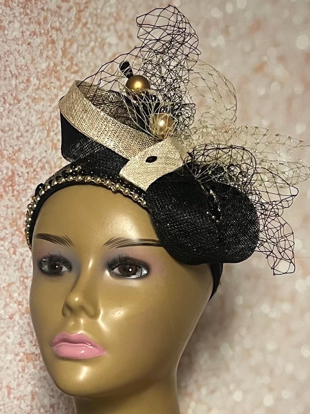 Black and Gold Beaded Sequin Headband-shaped Half Hat Fascinator for ...