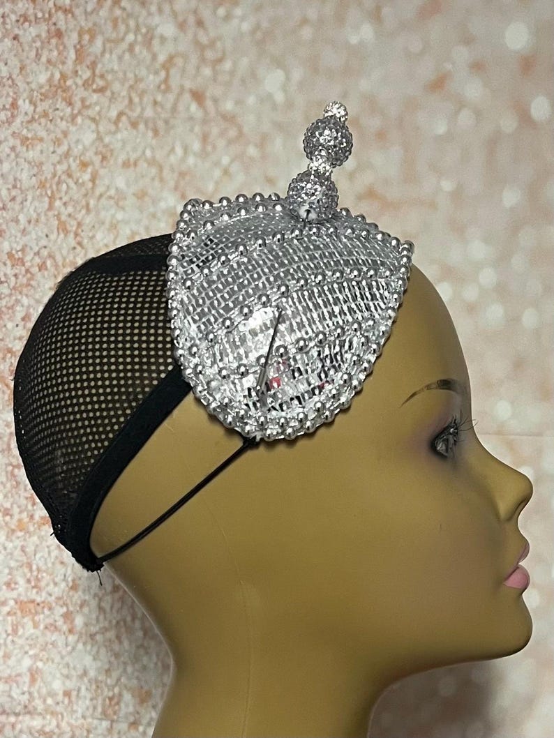Silver Sequin Beaded Fascinator Half Hat, Church Head Covering With Bow ...