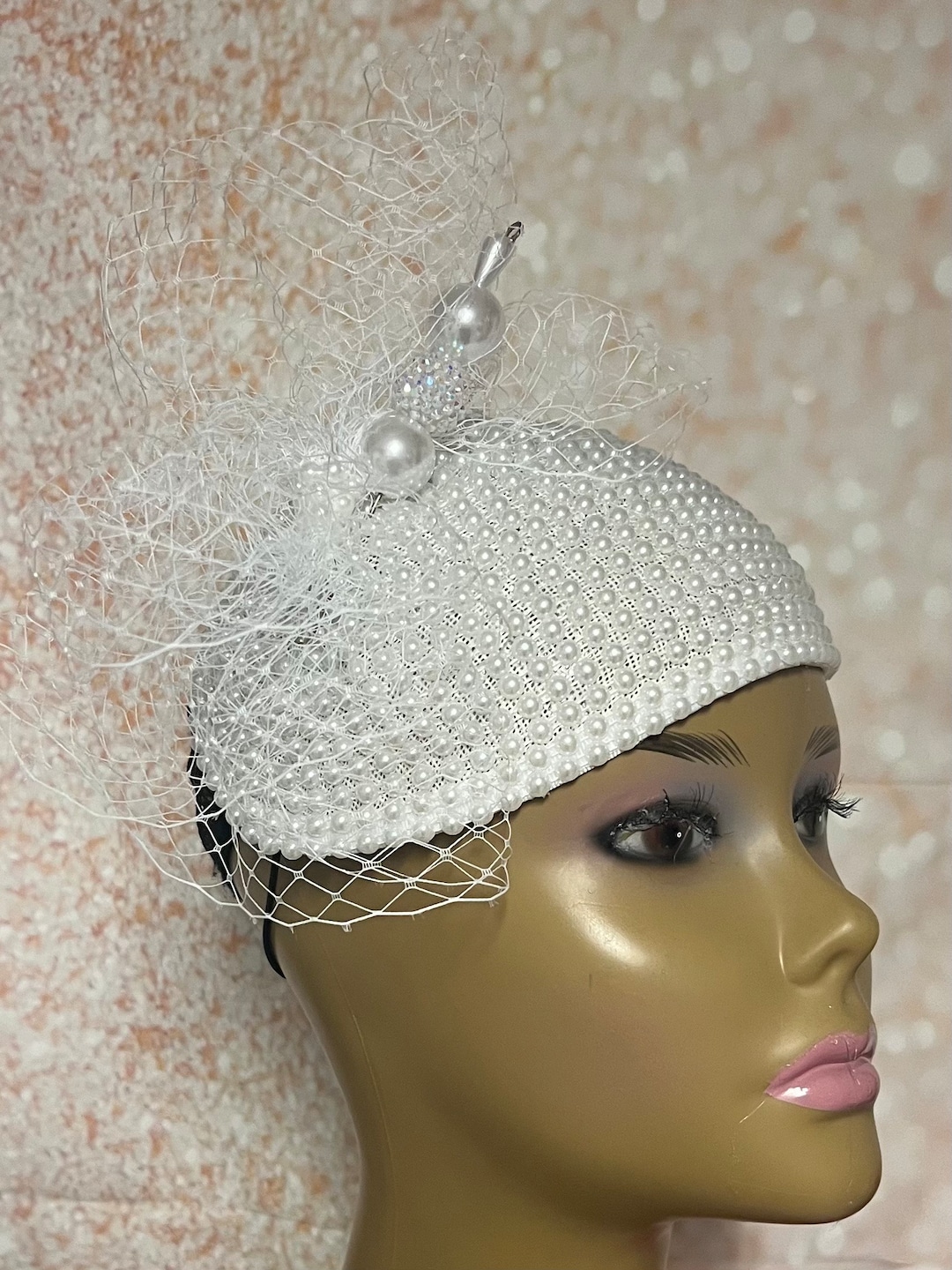 White Beaded Half Hat Fascinator for Weddings, Church and Special ...