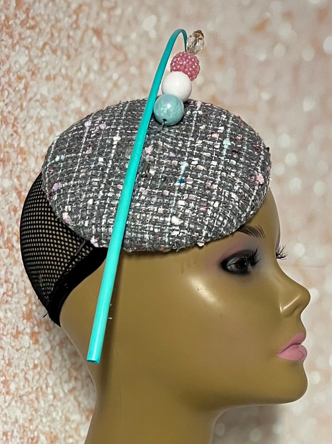 Gray Tweed Fascinator Half Hat, Button Pillbox Half Hat for Church Head ...