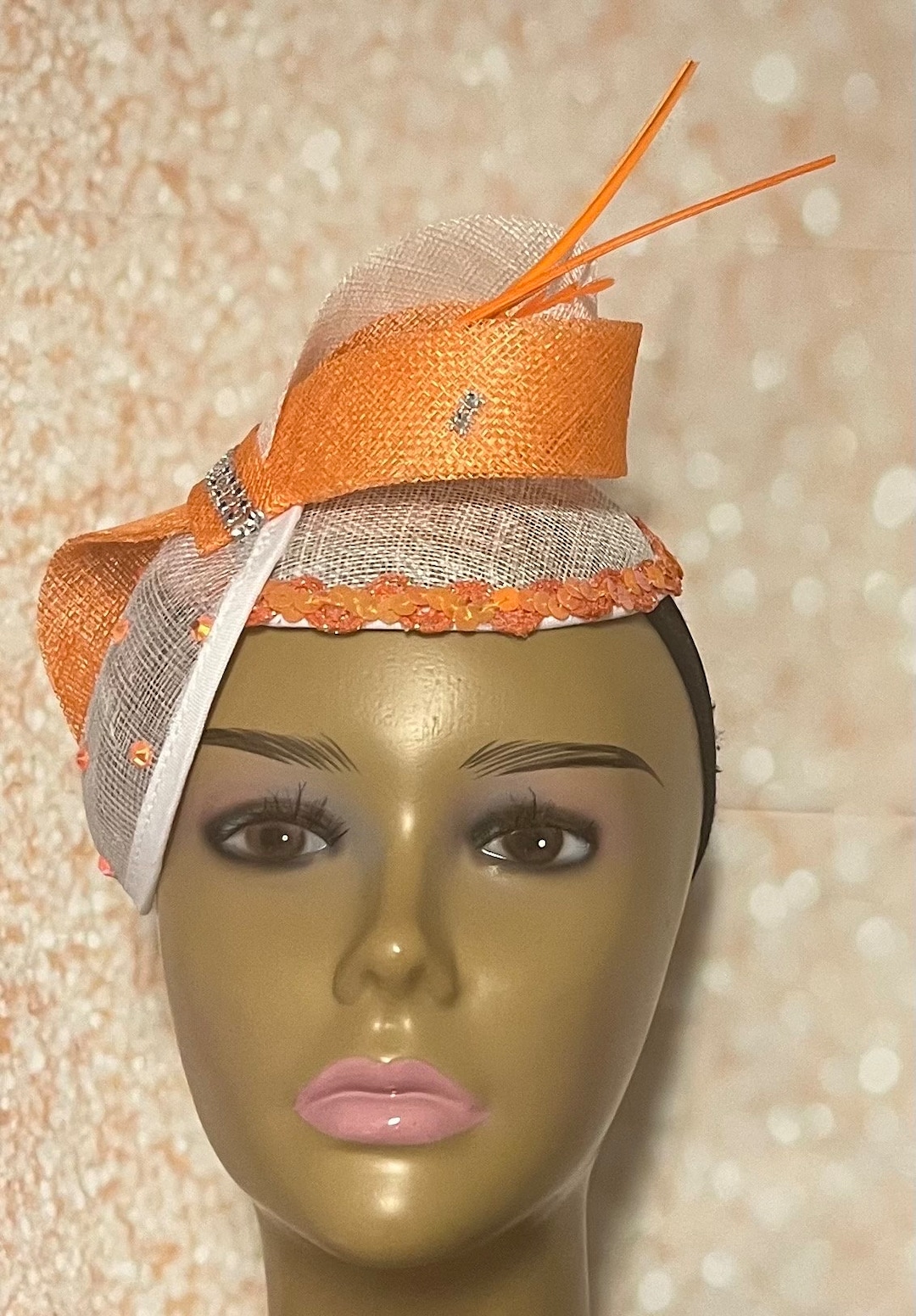 Orange and White Sinamay Half Hat Fascinator for Church Head Covering ...