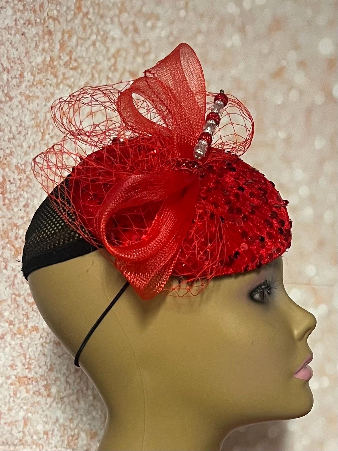 Red Sequin Circle Fascinator Half Hat for Church, Tea Party, Weddings ...