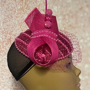 Fuchsia Pink Sequin Beaded Fascinator Half Hat for Church Head Covering ...