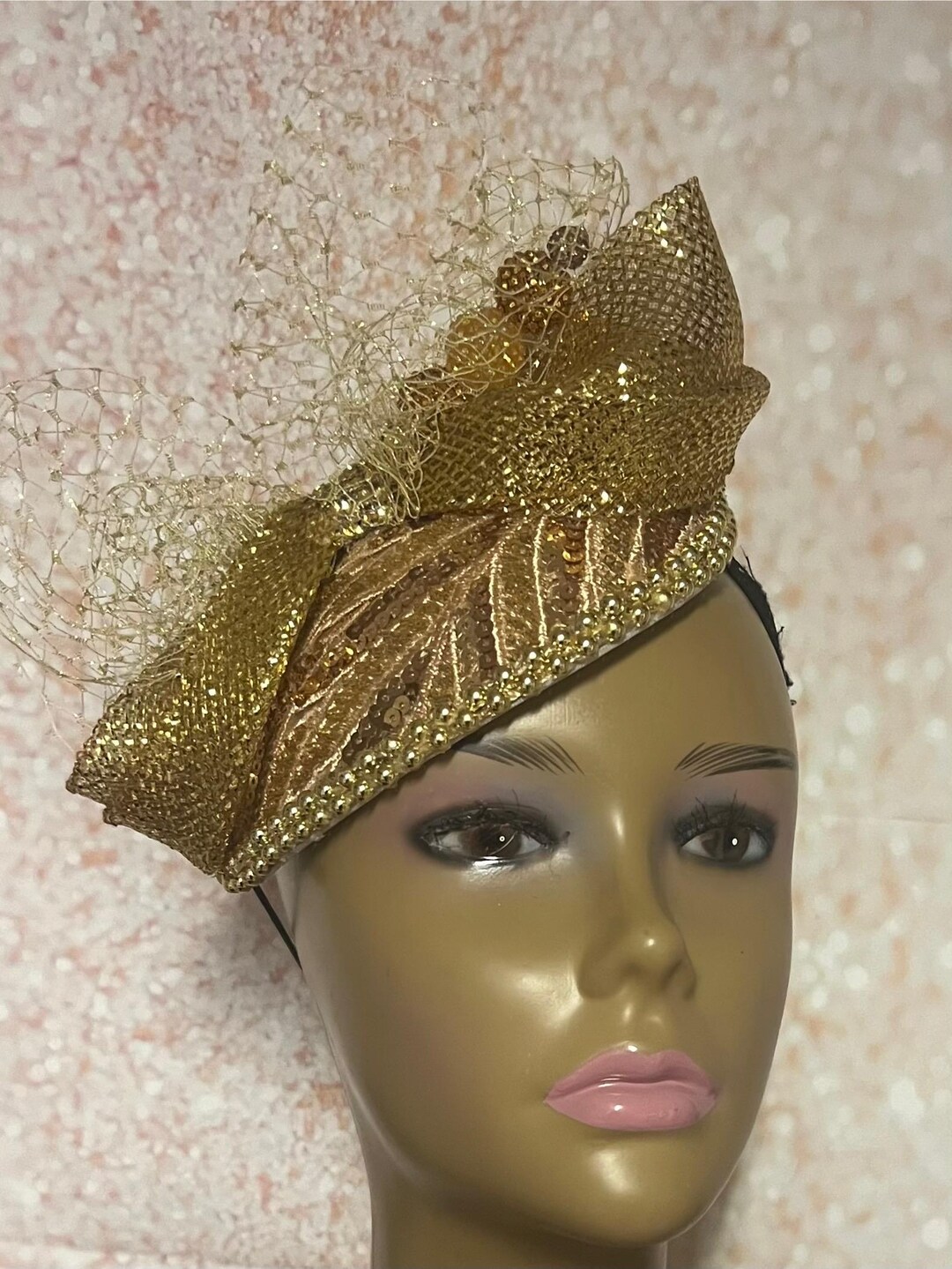 Gold Beaded Sequin Lace Teardrop Fascinator, Special Occasion Half Hat ...