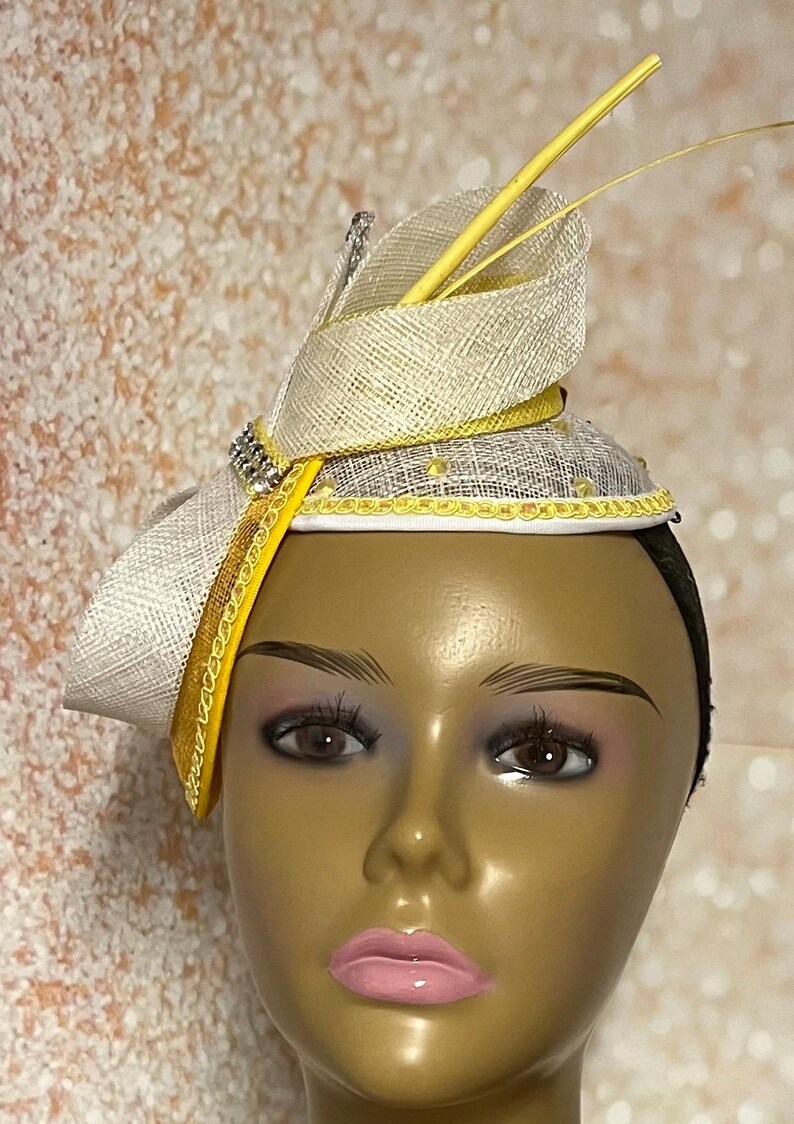 Yellow and White Double Cup Fascinator Half Hat for Church, Tea Party ...