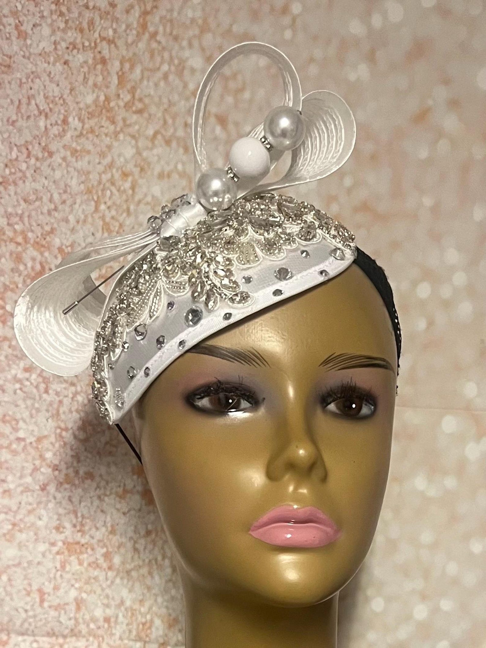 White Rhinestone Satin Teardrop Fascinator Half Hat for Church, Tea ...