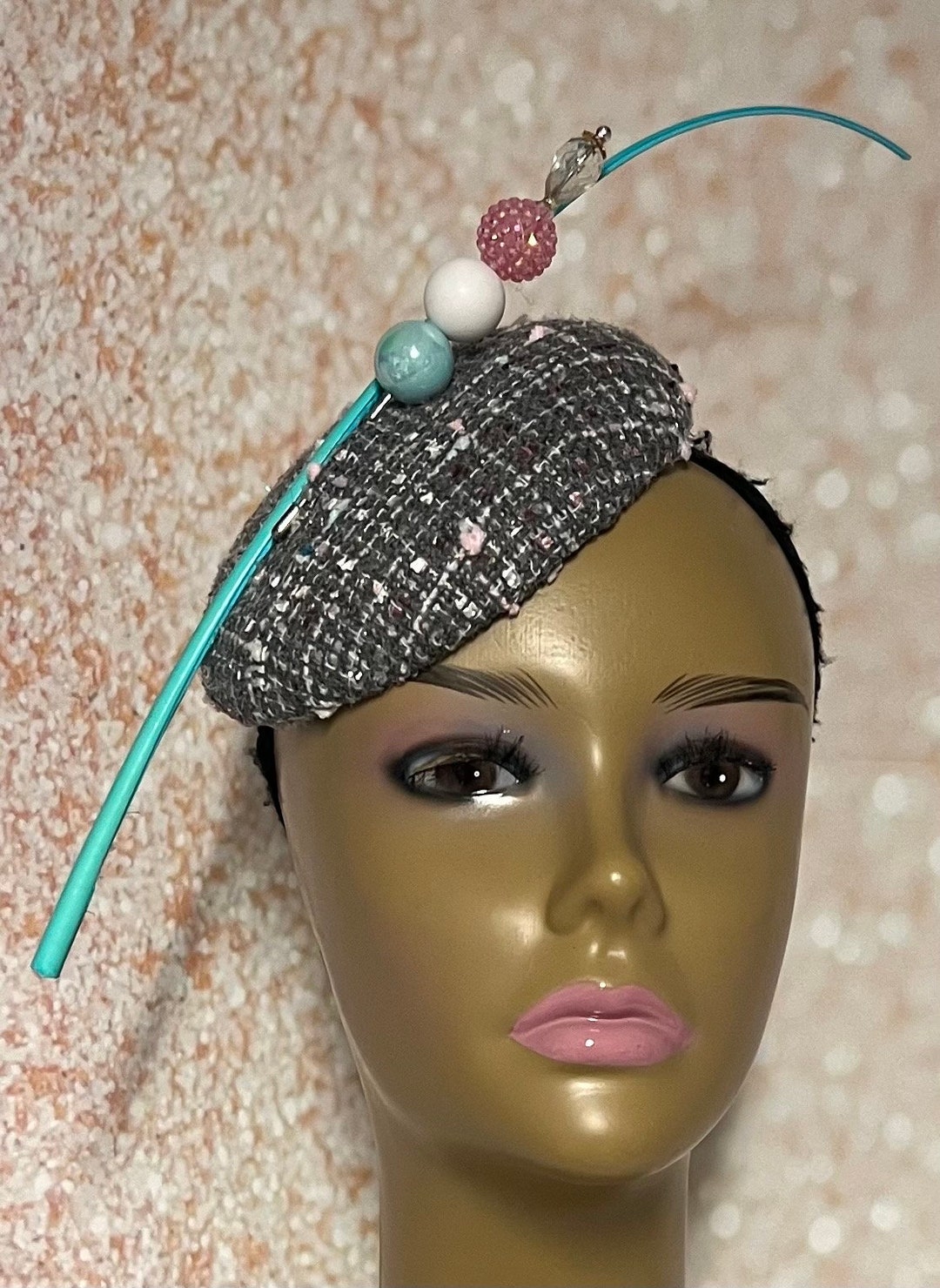 Gray Tweed Fascinator Half Hat Button Pillbox Hat for Church - Etsy