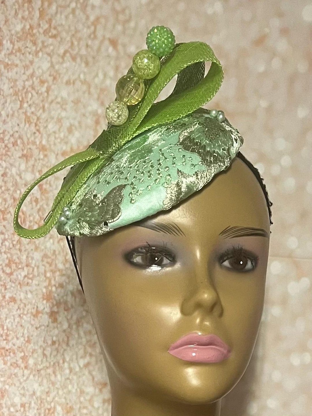 Green Lace Button Pillbox Fascinator Half Hat, Church Head Covering ...