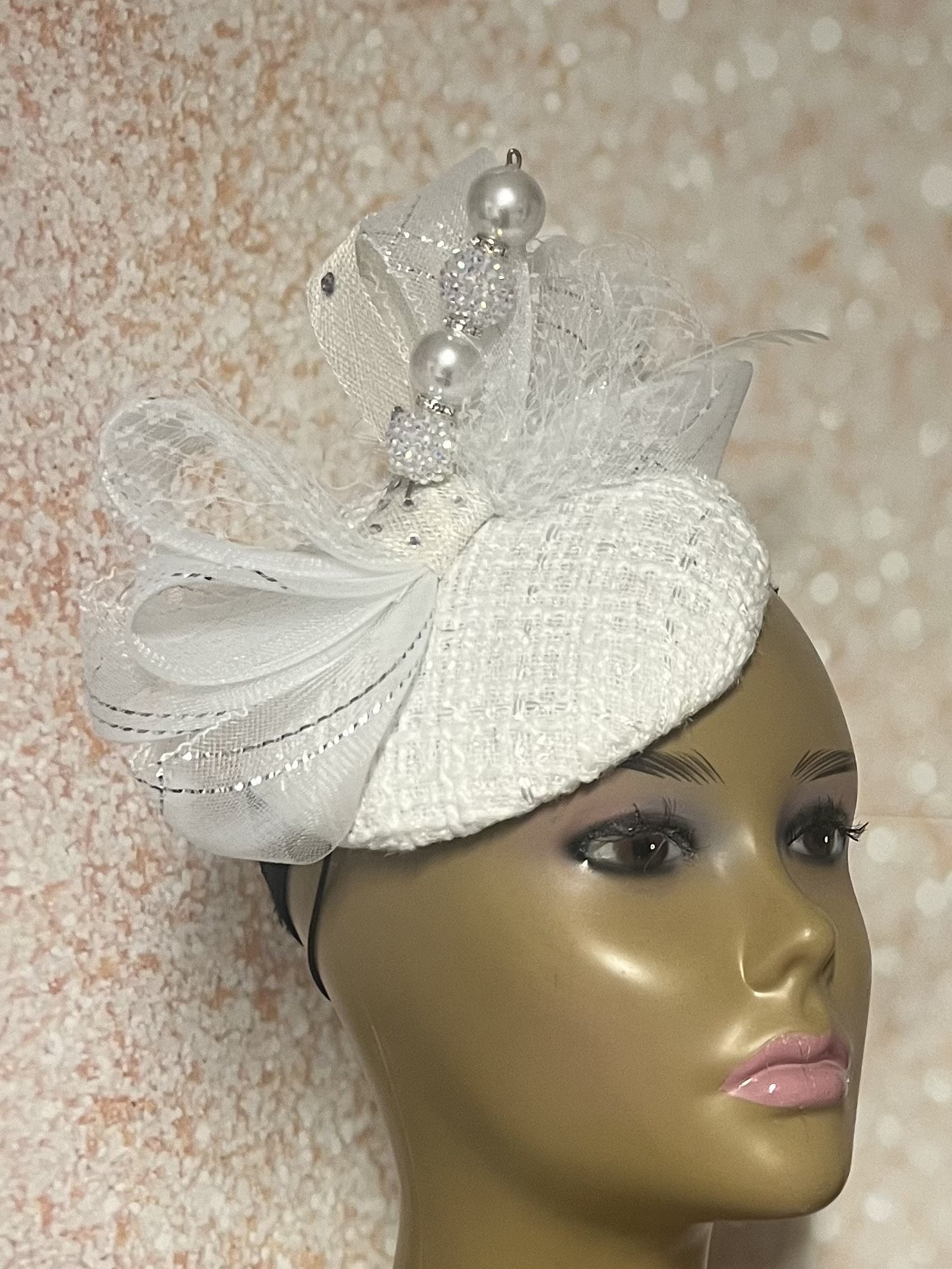 White Tweed Button Half Hat Fascinator for Weddings, Church and Special ...
