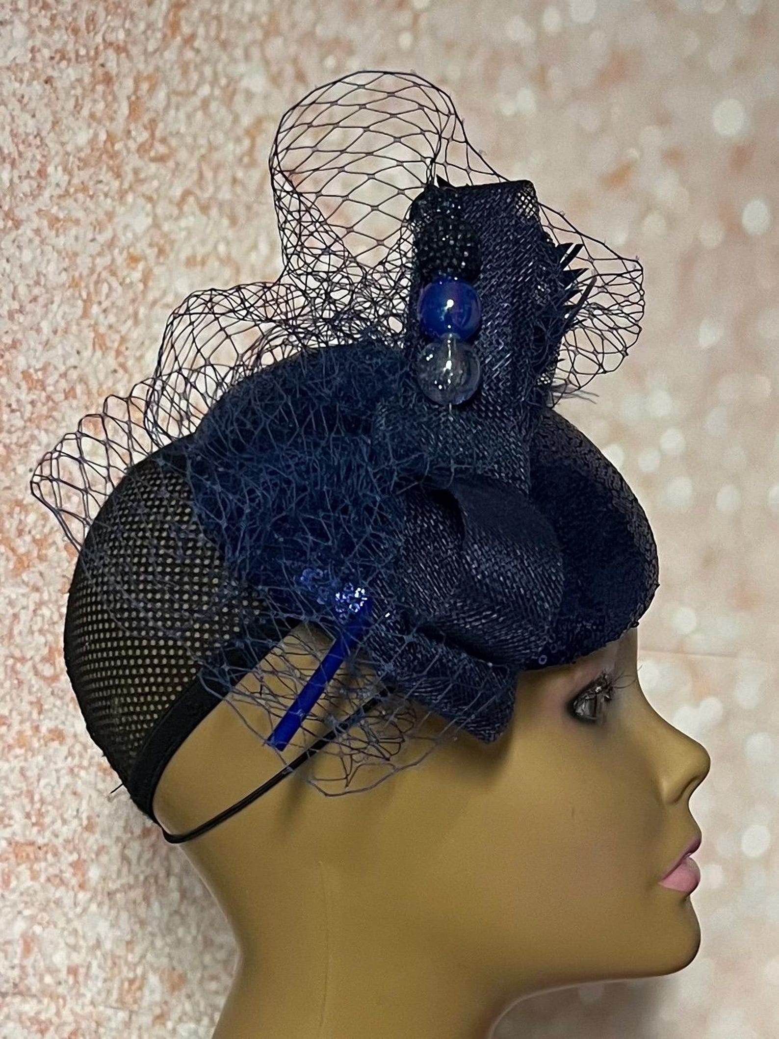 Navy Blue Sequins Sinamay Half Hat Fascinator for Church Head Covering ...