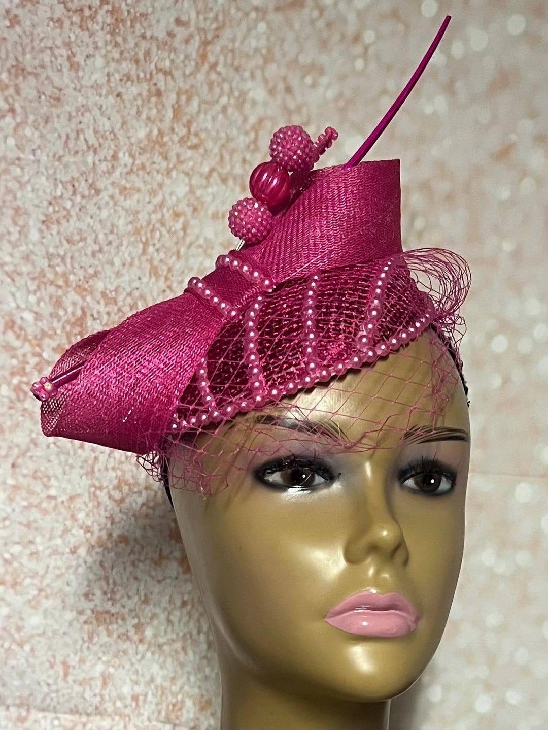 Fuchsia Pink Sequin Beaded Fascinator Half Hat for Church Head Covering ...