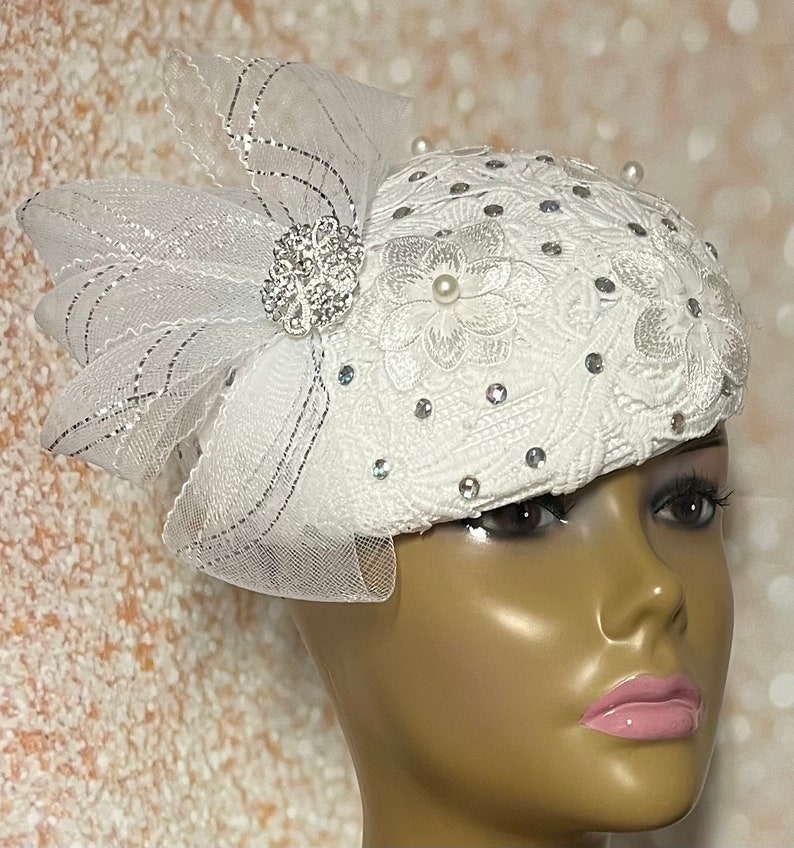 White Lace Rhinestone Hat for Church Wedding Mother of the - Etsy