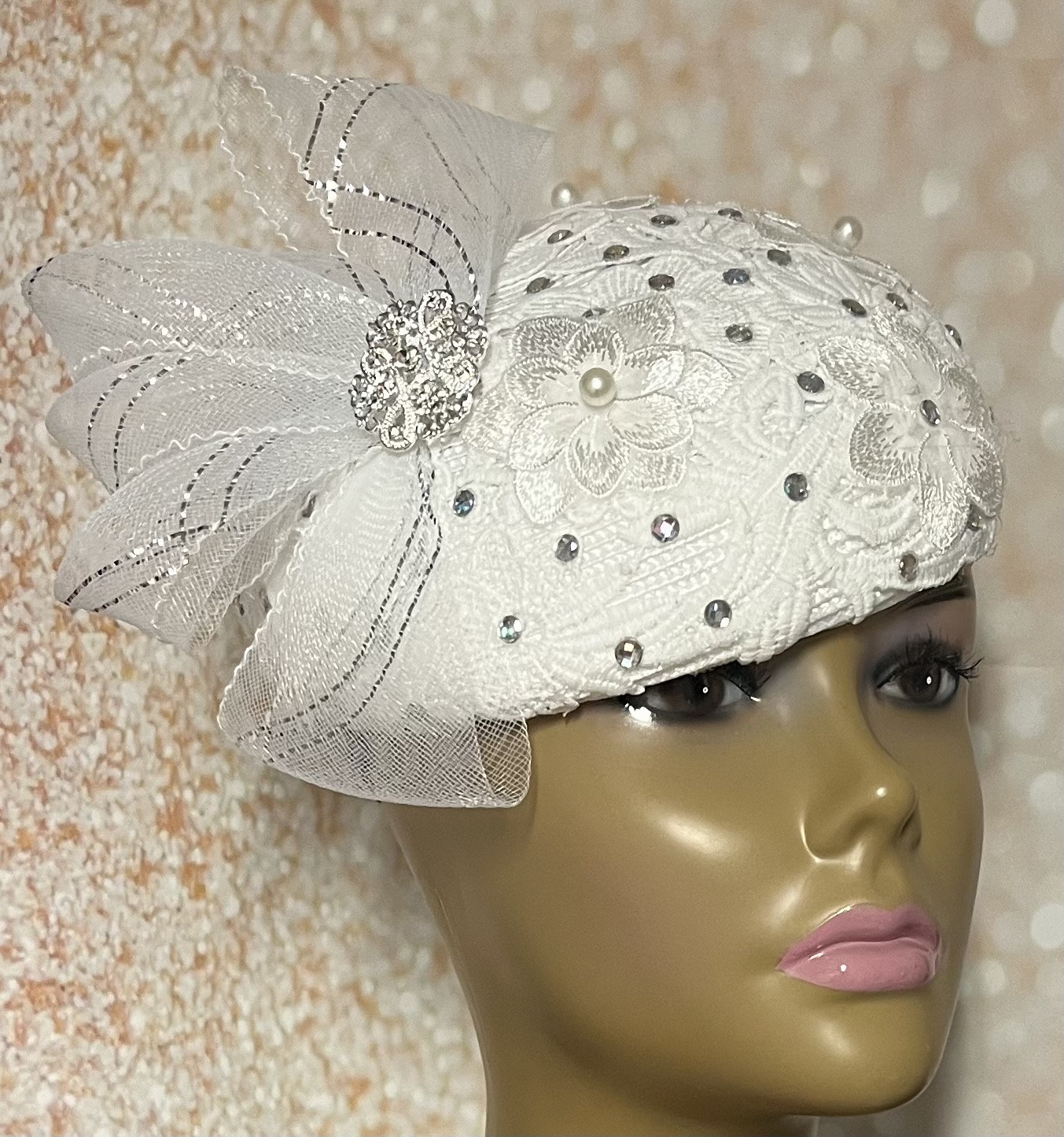White Lace Rhinestone Hat for Church Wedding Mother of the - Etsy