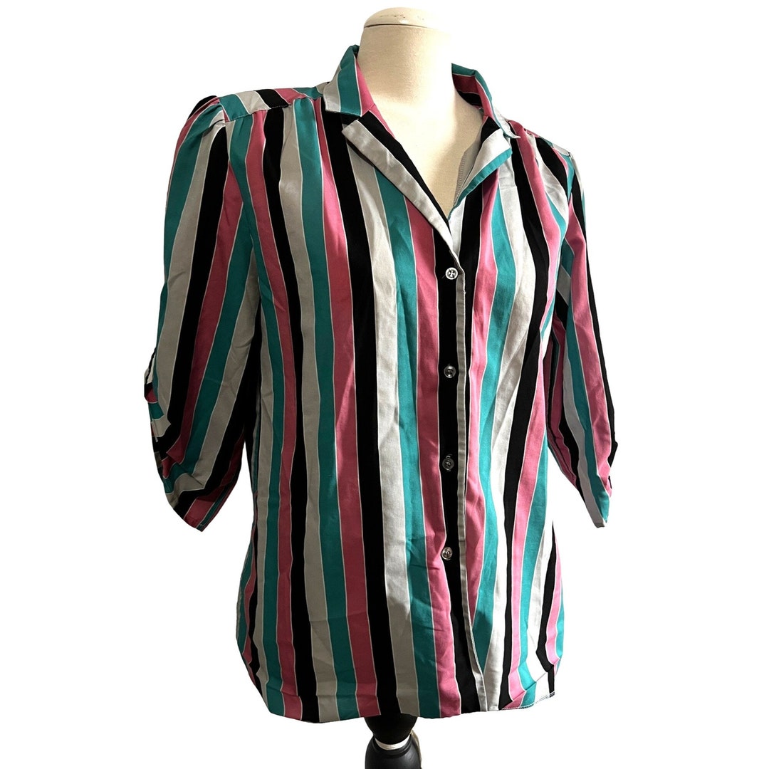 Vintage Koret Seventies Striped Blouse Sz 16 Womens Pink Teal Black 3/4 ...