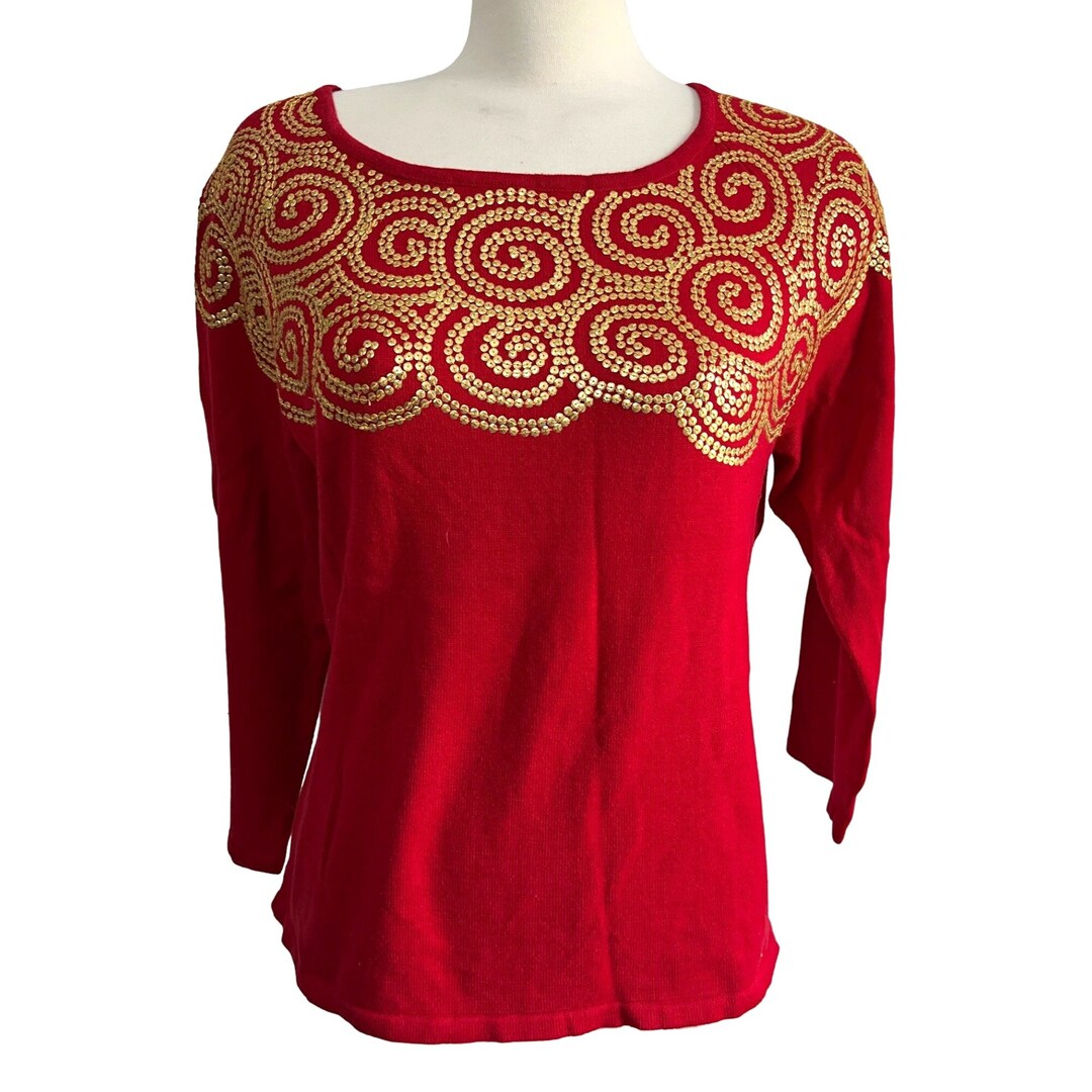Vintage Linea by Louis Dell'olio Red & Gold Sequin Sweater Sz L Womens ...