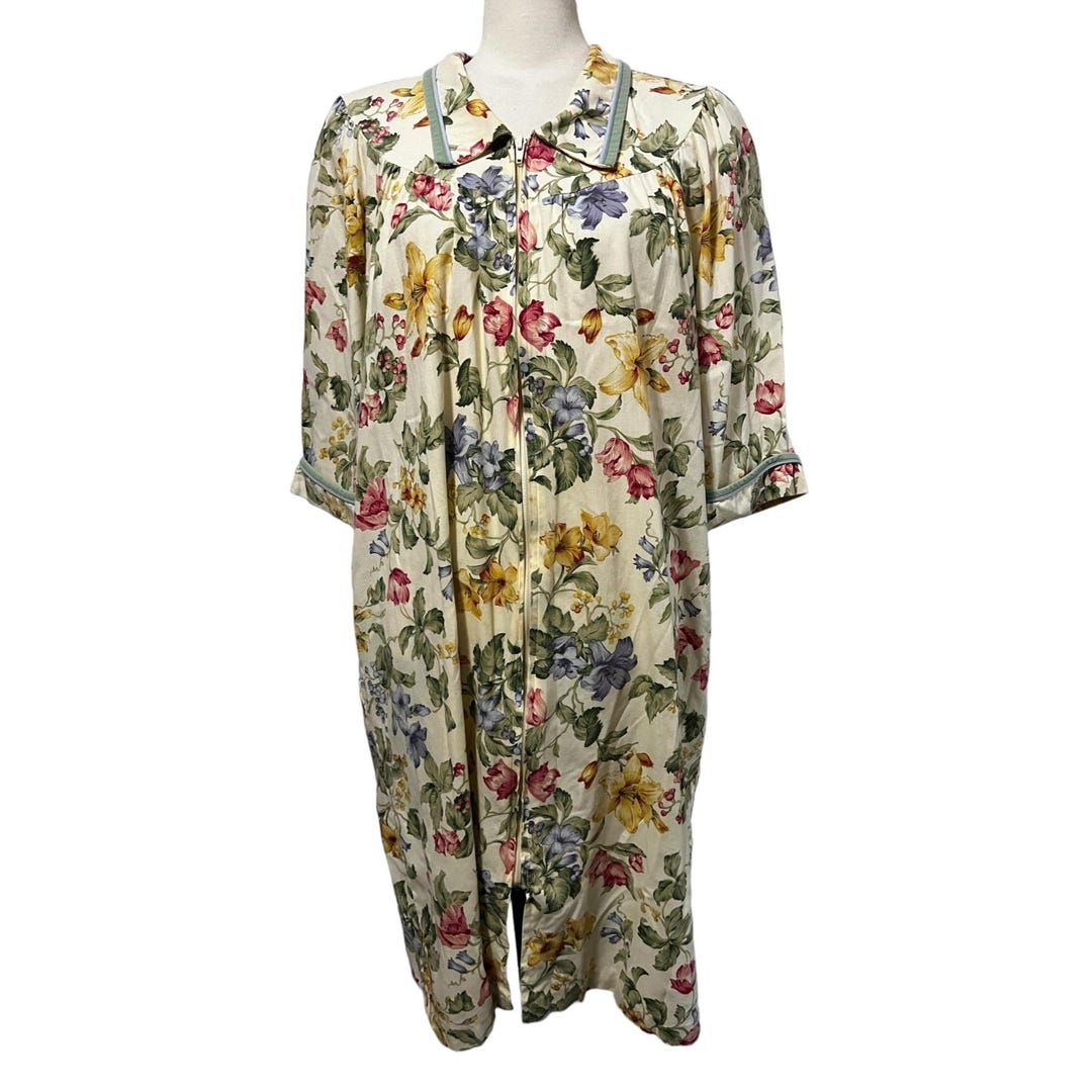 Vintage Smart Time Floral Zip Front Night Gown Robe Sz Large Womens ...