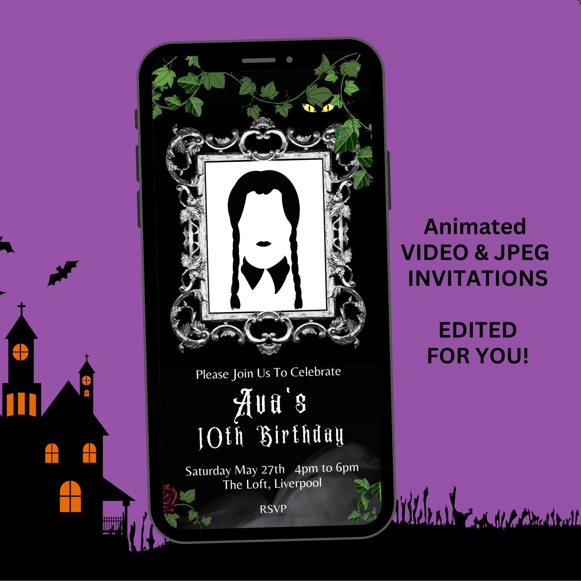 Wednesday Addams Inspired Birthday Party Invitation, Digital JPEG ...