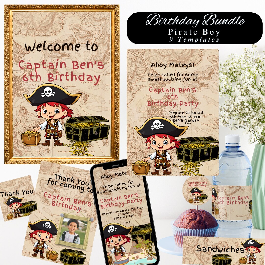 Pirate Boy Birthday Bundle Template, Printable Invitation and Digital ...