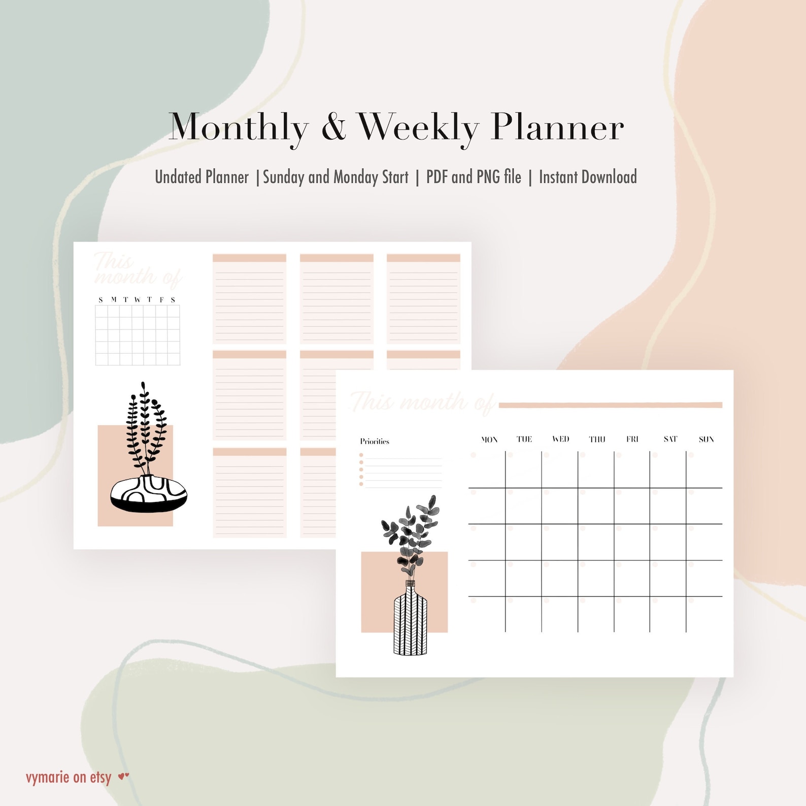Monthly and Weekly Planner Printable Pdf, Planner Sets, Aesthetic ...