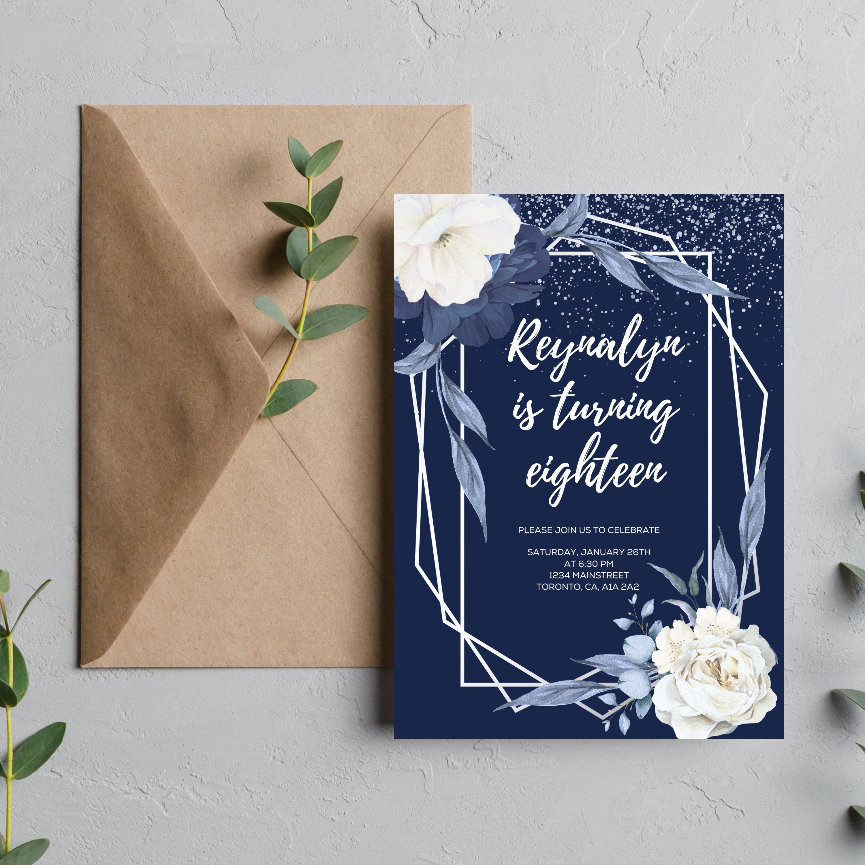 Royal Blue Floral Invitation Template | Digital Invitation Template via ...