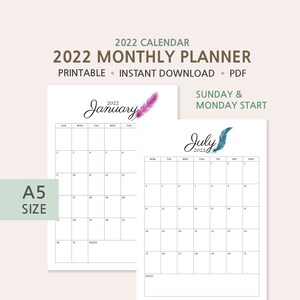 2022 Monthly Planner, 2022 Calendar, Feather Illustration Calendar ...