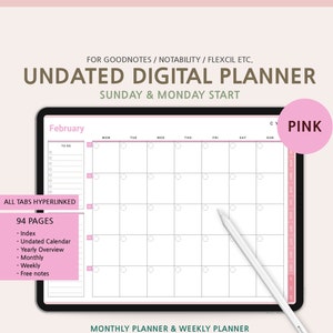 Undated Monthly Digital Planner, Pink iPad Planner, Goodnotes ...