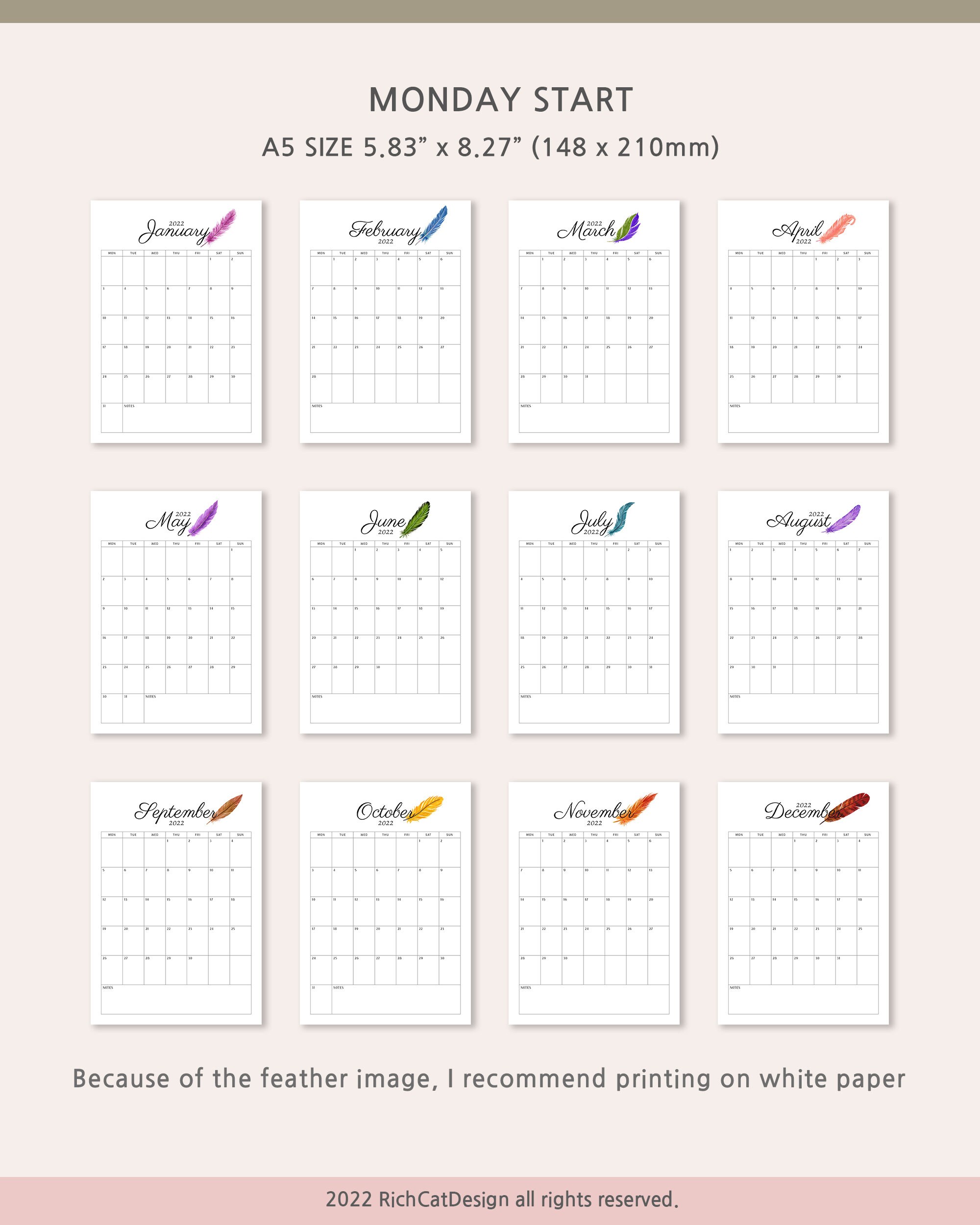 2022 Monthly Planner, 2022 Calendar, Feather Illustration Calendar ...