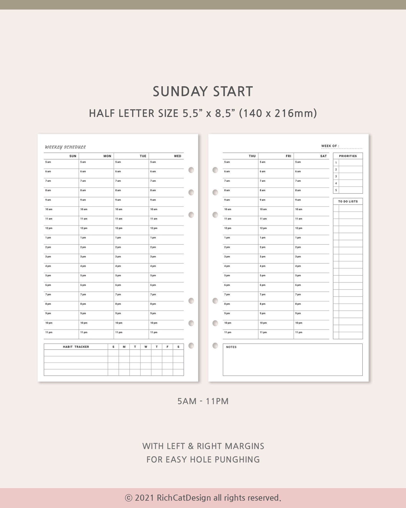 Half Weekly Hourly Planner Printable, Undated Weekly Schedule, Week on ...
