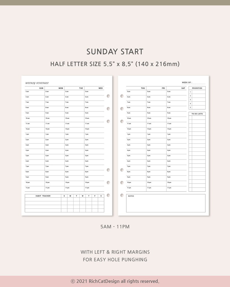 Half Weekly Hourly Planner Printable, Undated Weekly Schedule, Week on ...