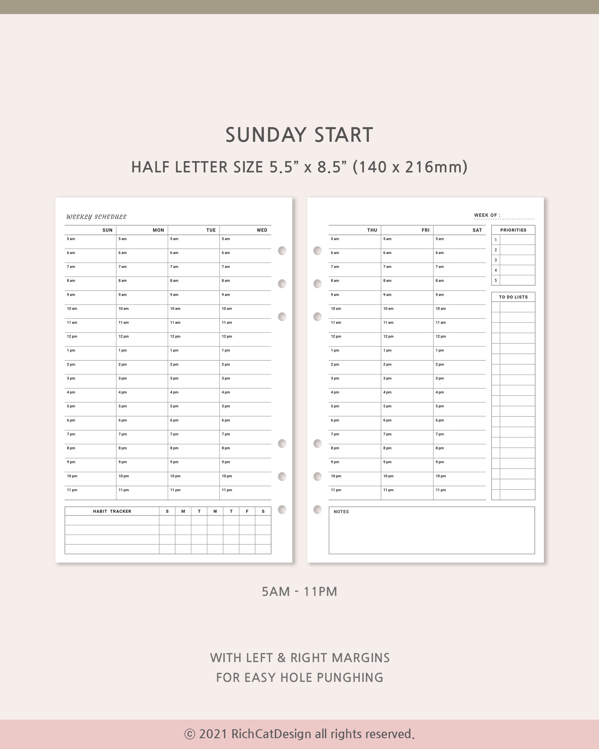 Half Weekly Hourly Planner Printable, Undated Weekly Schedule, Week on ...