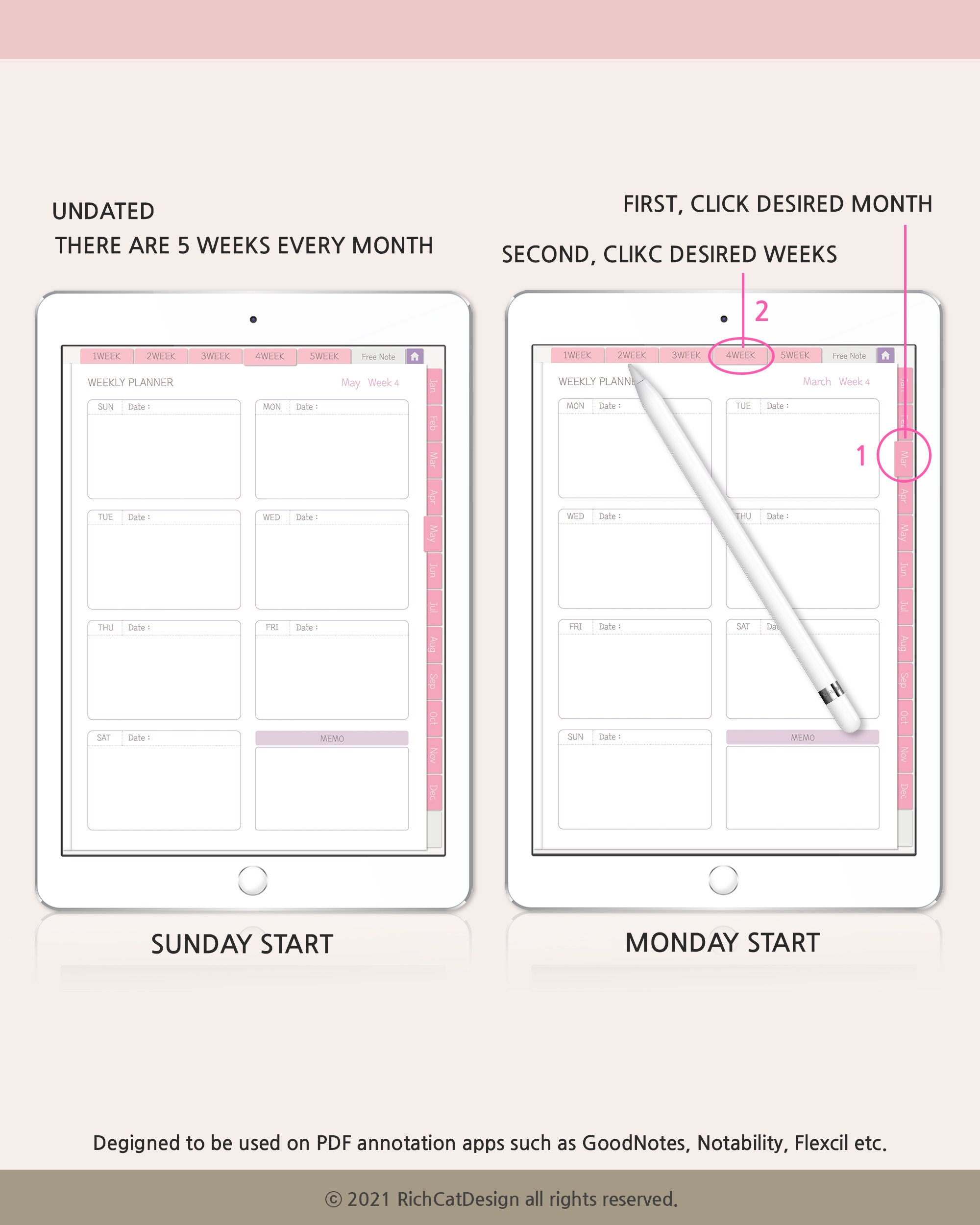 Digital Weekly Planner, Pink Digital Planner, Weekly Planner, Goodnotes ...