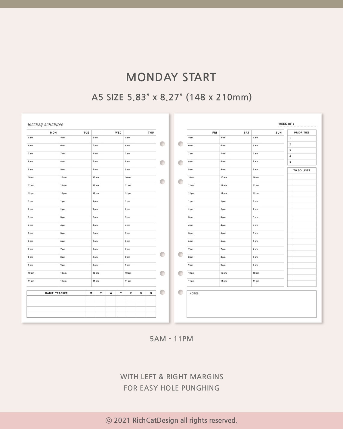 Weekly Hourly Planner, A5 Undated Weekly Schedule, Week on Two Pages ...