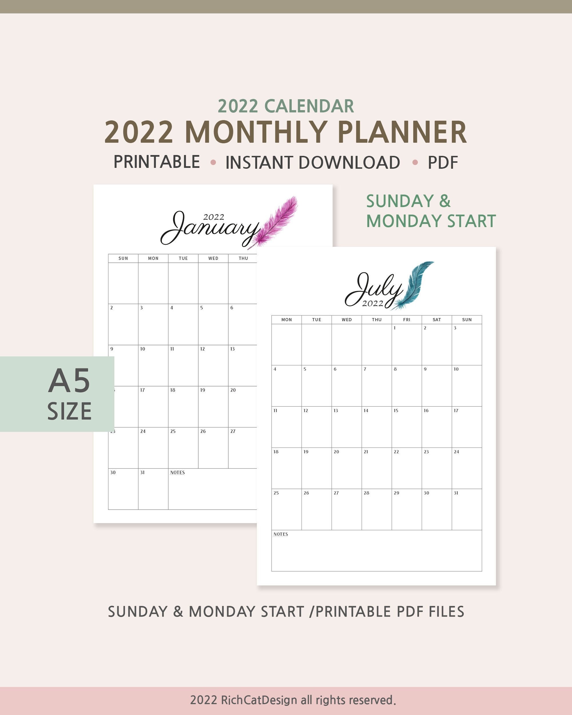 2022 Monthly Planner, 2022 Calendar, Feather Illustration Calendar ...