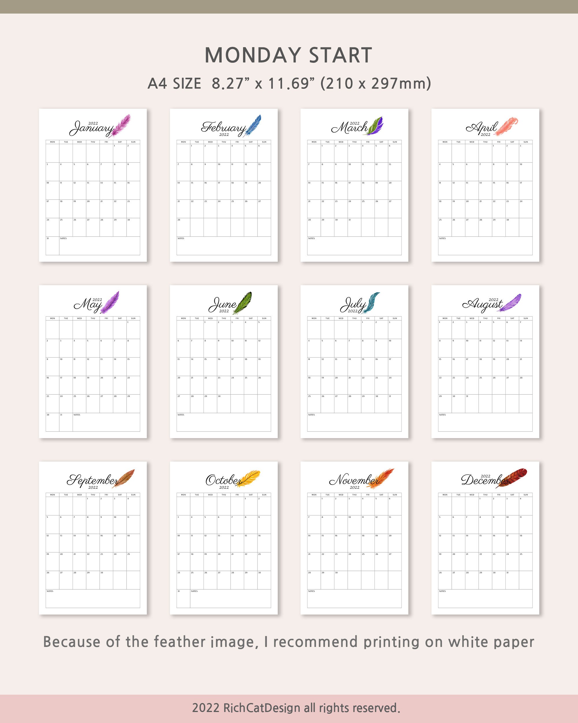 2022 Monthly Planner Printable, 2022 Calendar Feather Illustration ...