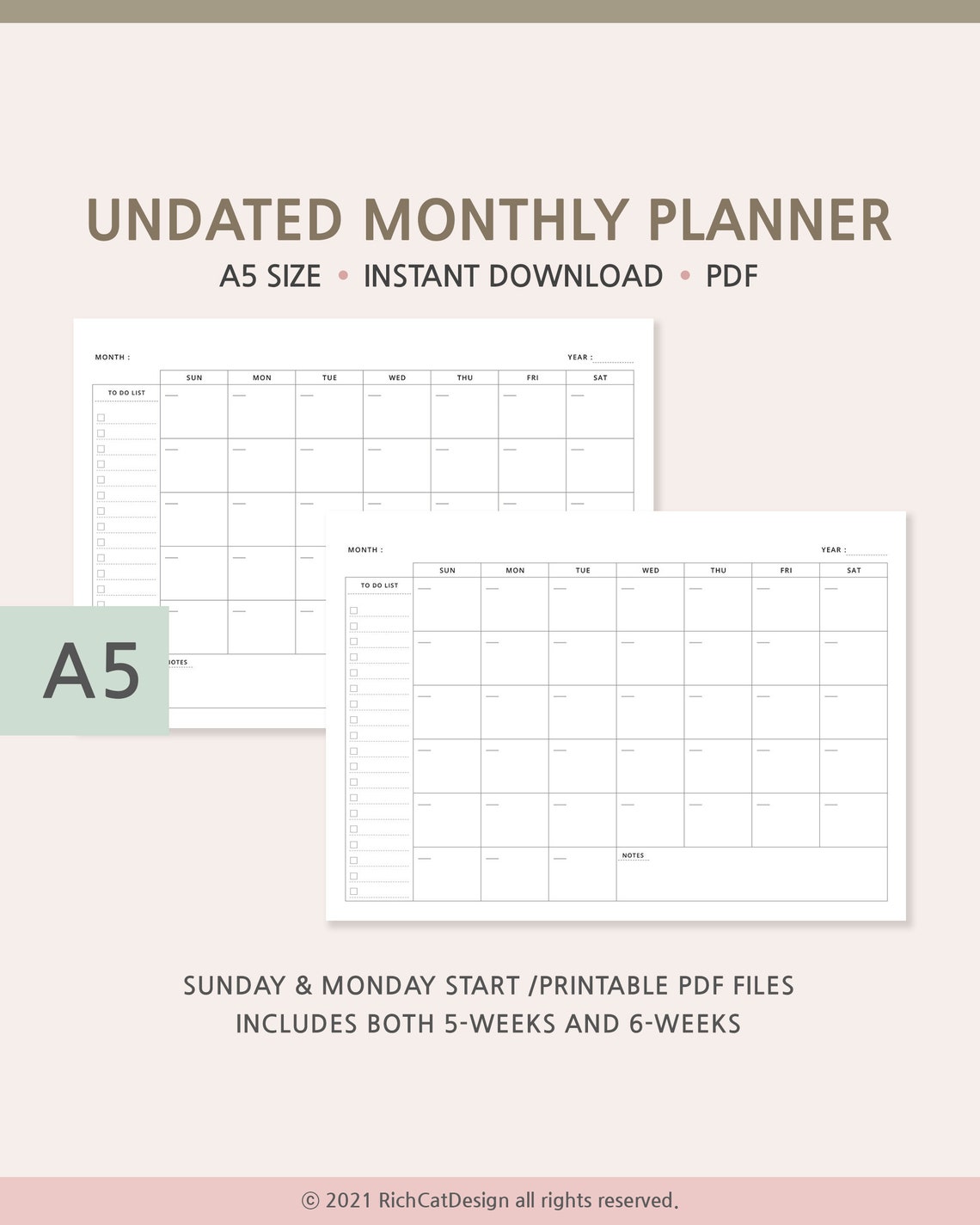 Undated Planner Template, A5 Undated Monthly Planner, A5 Horizontal ...