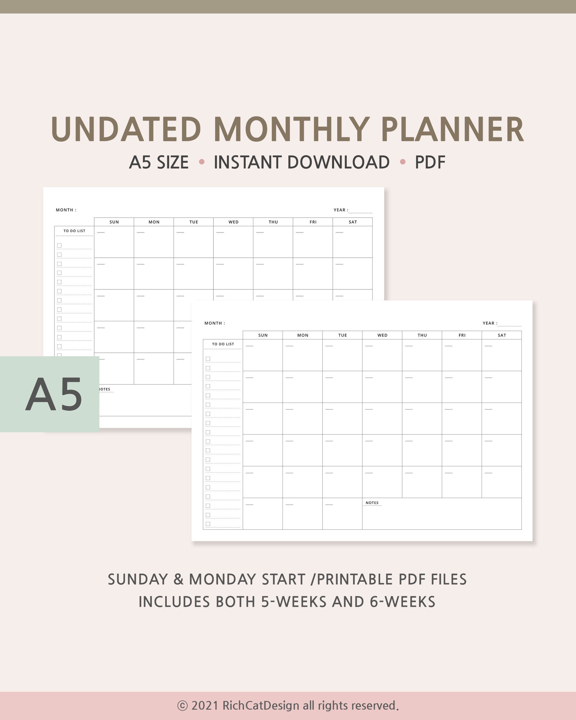 Undated Planner Template, A5 Undated Monthly Planner, A5 Horizontal ...