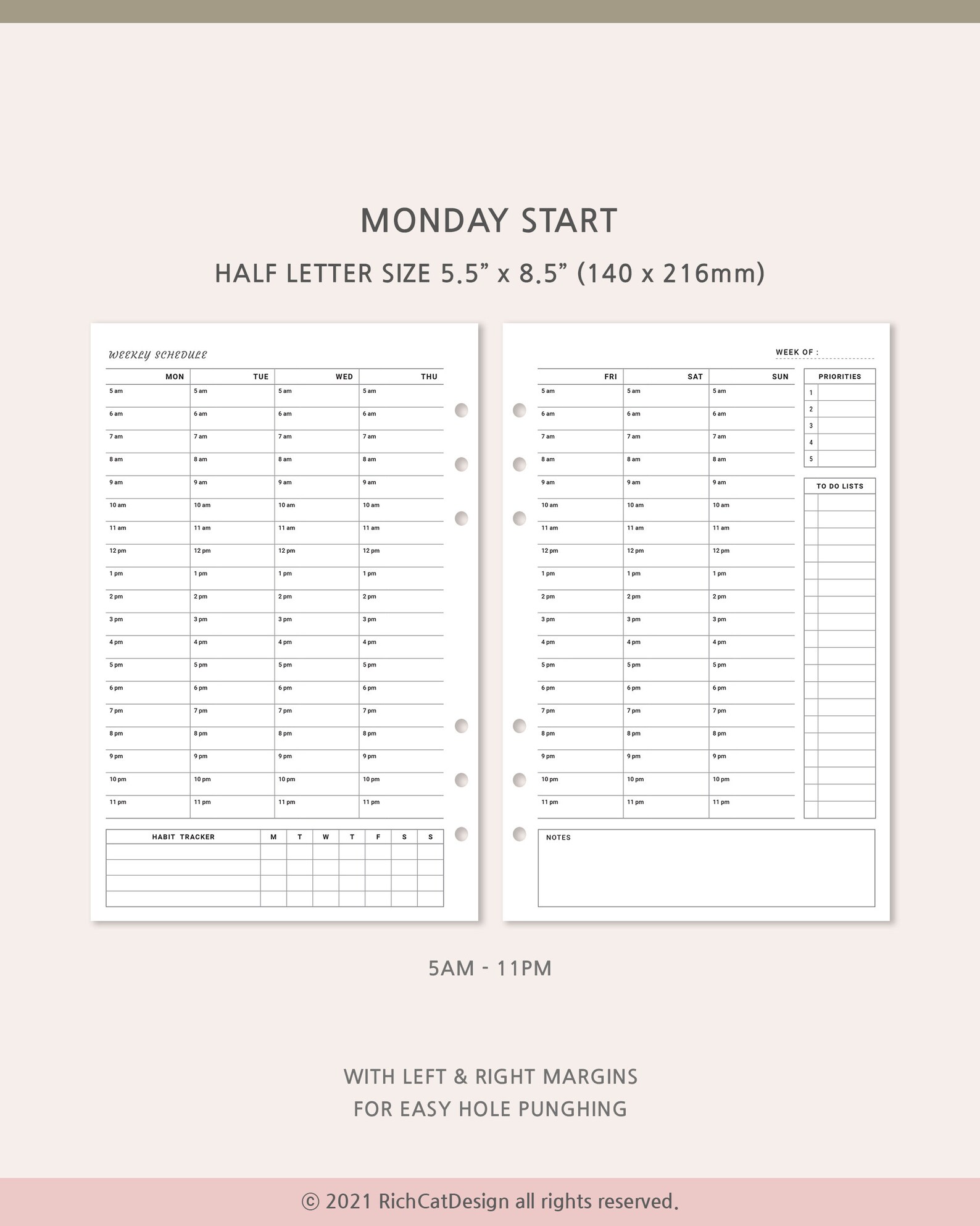 Half Weekly Hourly Planner Printable, Undated Weekly Schedule, Week on ...
